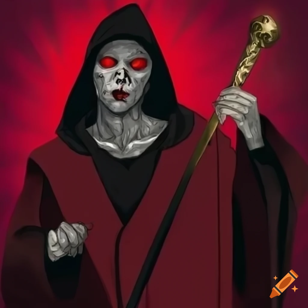 Evil young necromancer in dark hat and red robes with magic scepter on ...