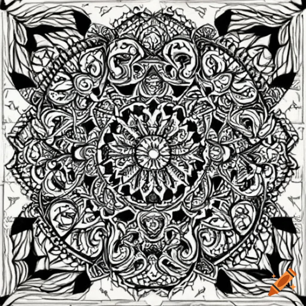 Geometric mandala with repeating triangles and squares in black and ...