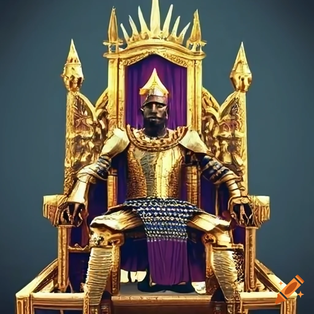 Majestic African king in armor with French-style crown on golden throne surrounded by powerful ...