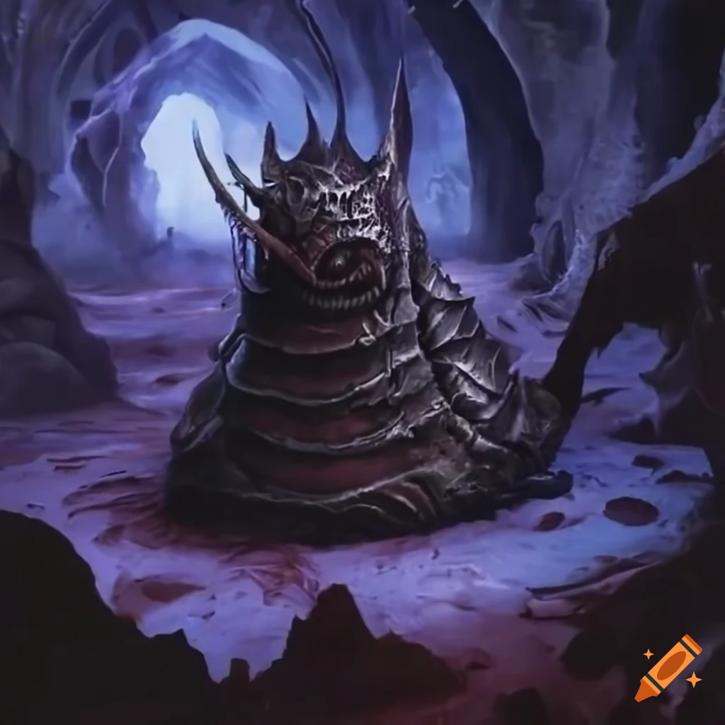 Dark slug magician in maze cavern with silver armour, inspired by Magic ...