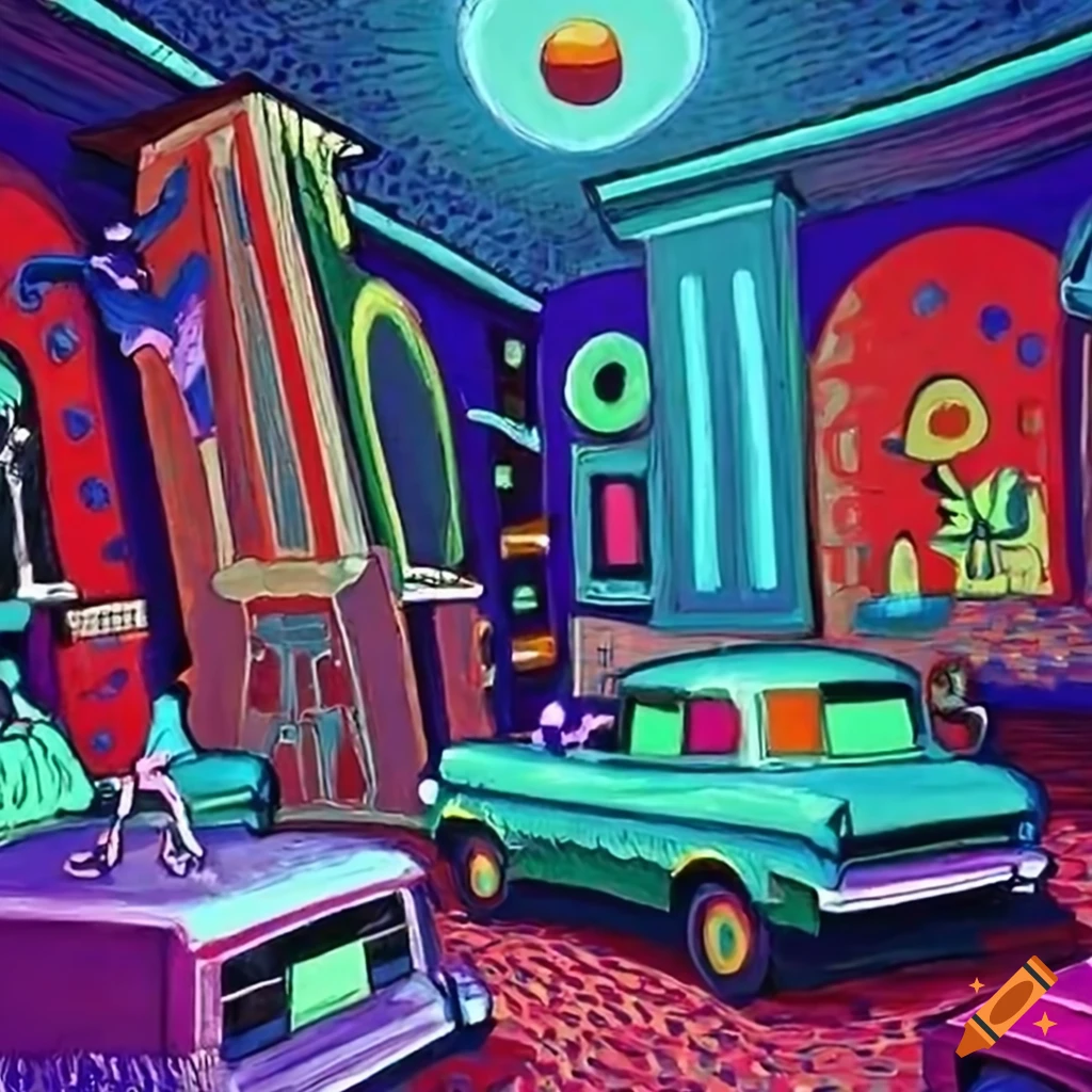 Colorful scene with aliens watching a car show in a strange room, anime ...