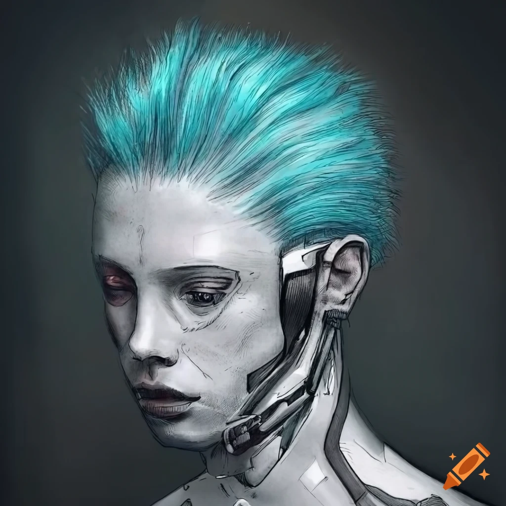 Young male cyborg in white bodysuit with light cyan hair in a ...