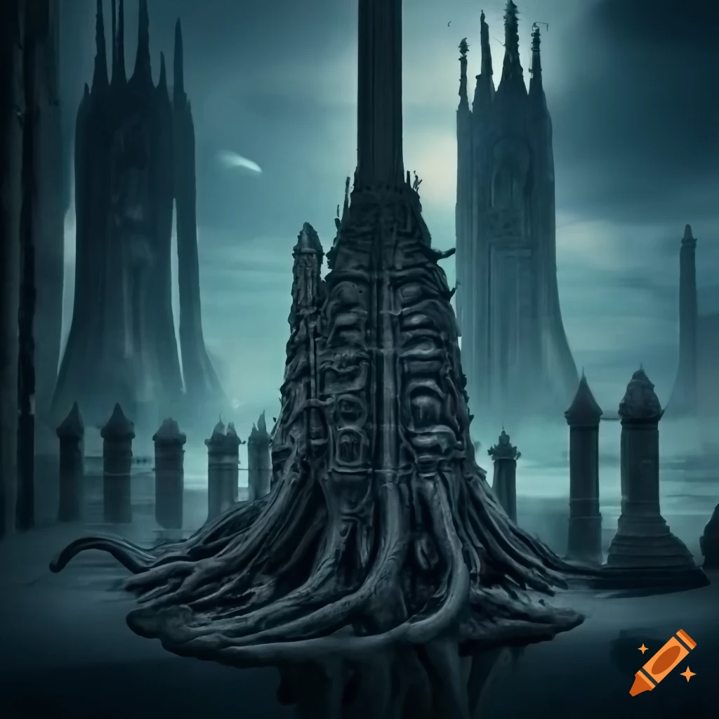 Alien creature with tentacles and spikes in a city of pillars and ...