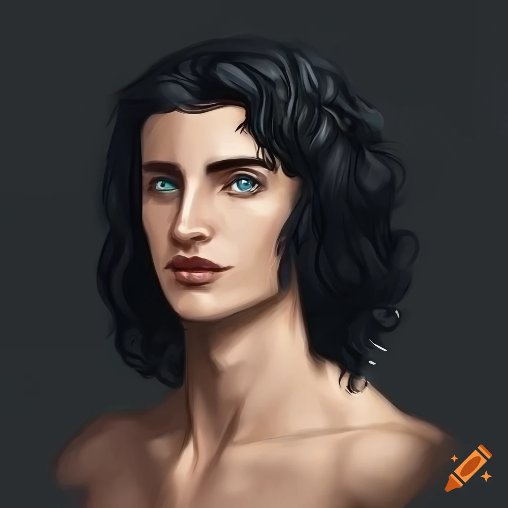 Portrait of a happy greek god with wavy black hair and olive skin tone ...