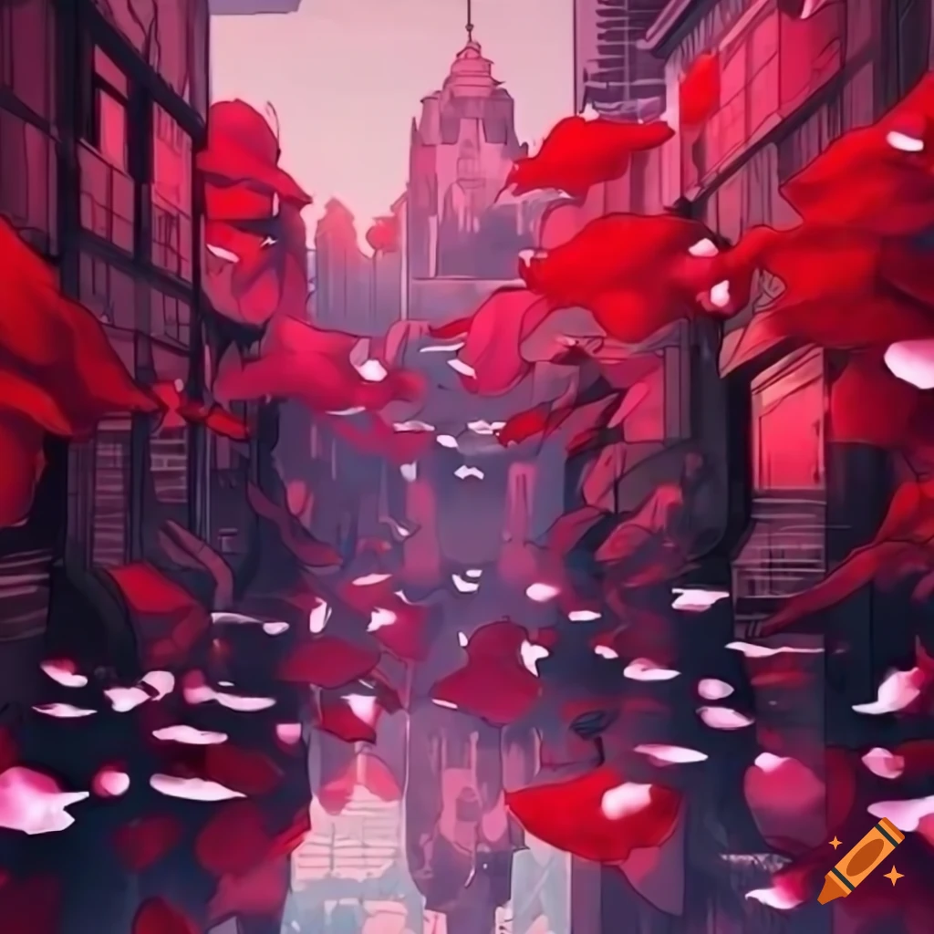 Red city in anime art style filled with roses and intricate ...