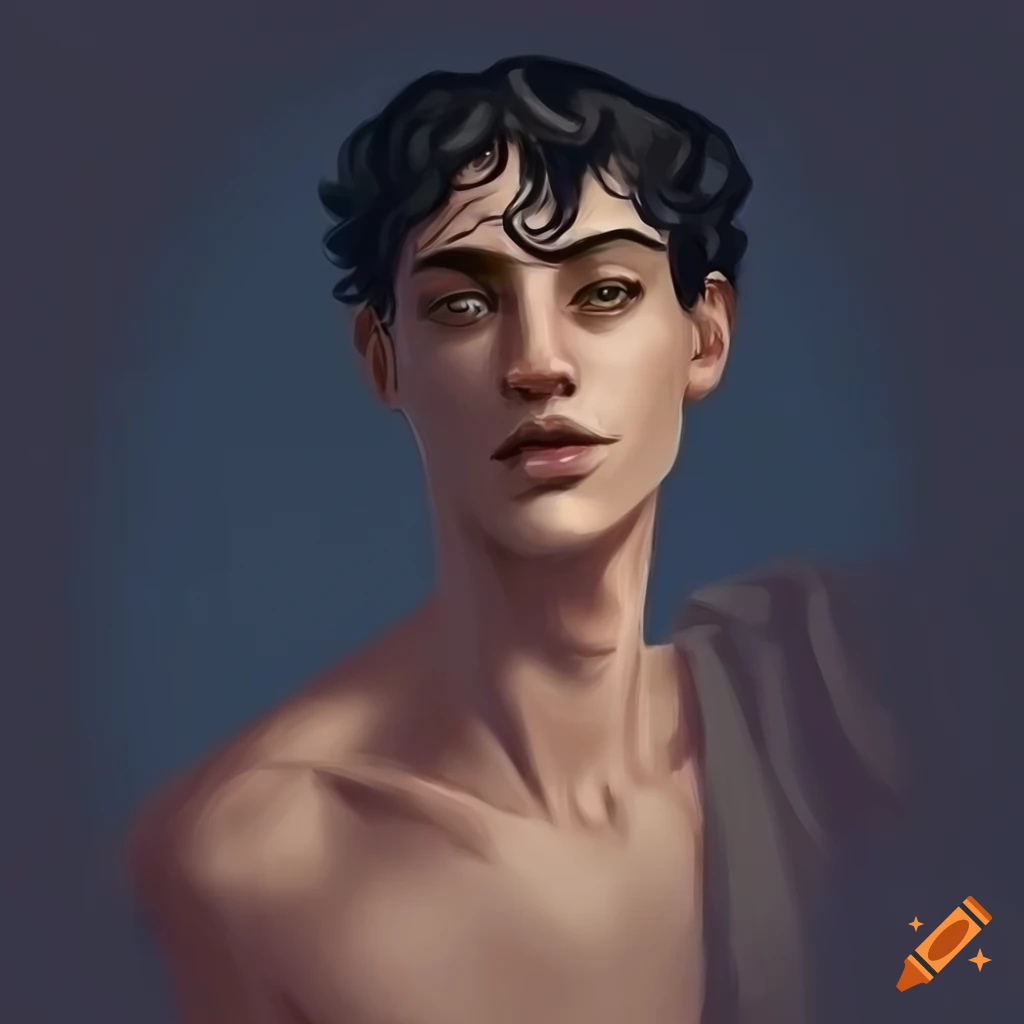 Portrait of a happy Greek god with wavy black hair and olive skin tone ...