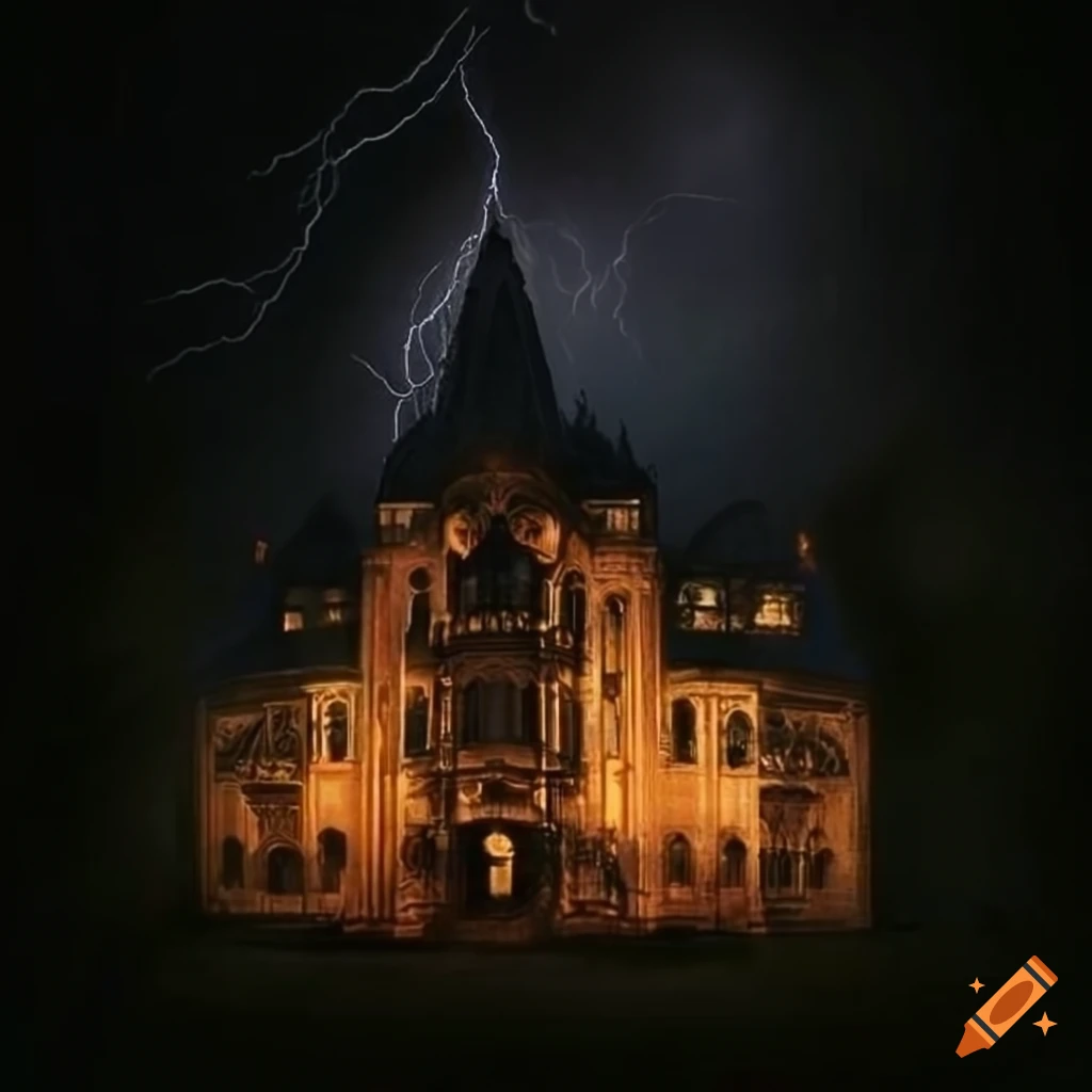 Lightning striking over gothic art deco mansion in a German ...