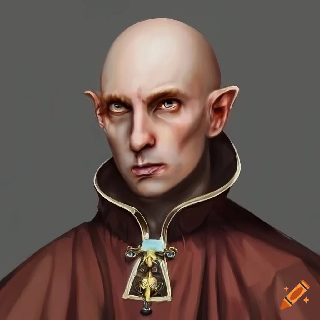 Bald fantasy priest in robes and cloak with a high collar on Craiyon