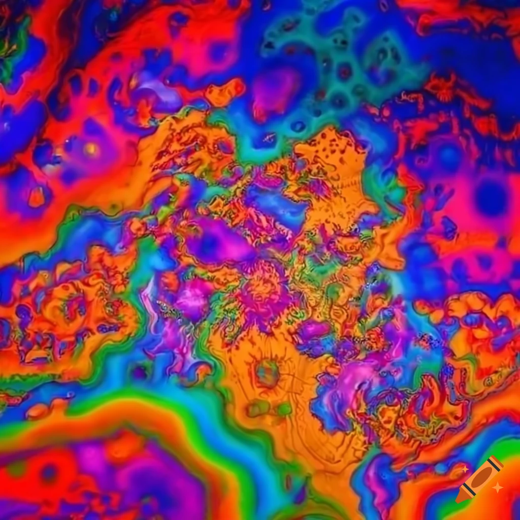 Vibrant and psychedelic island map in the sea of acid on Craiyon