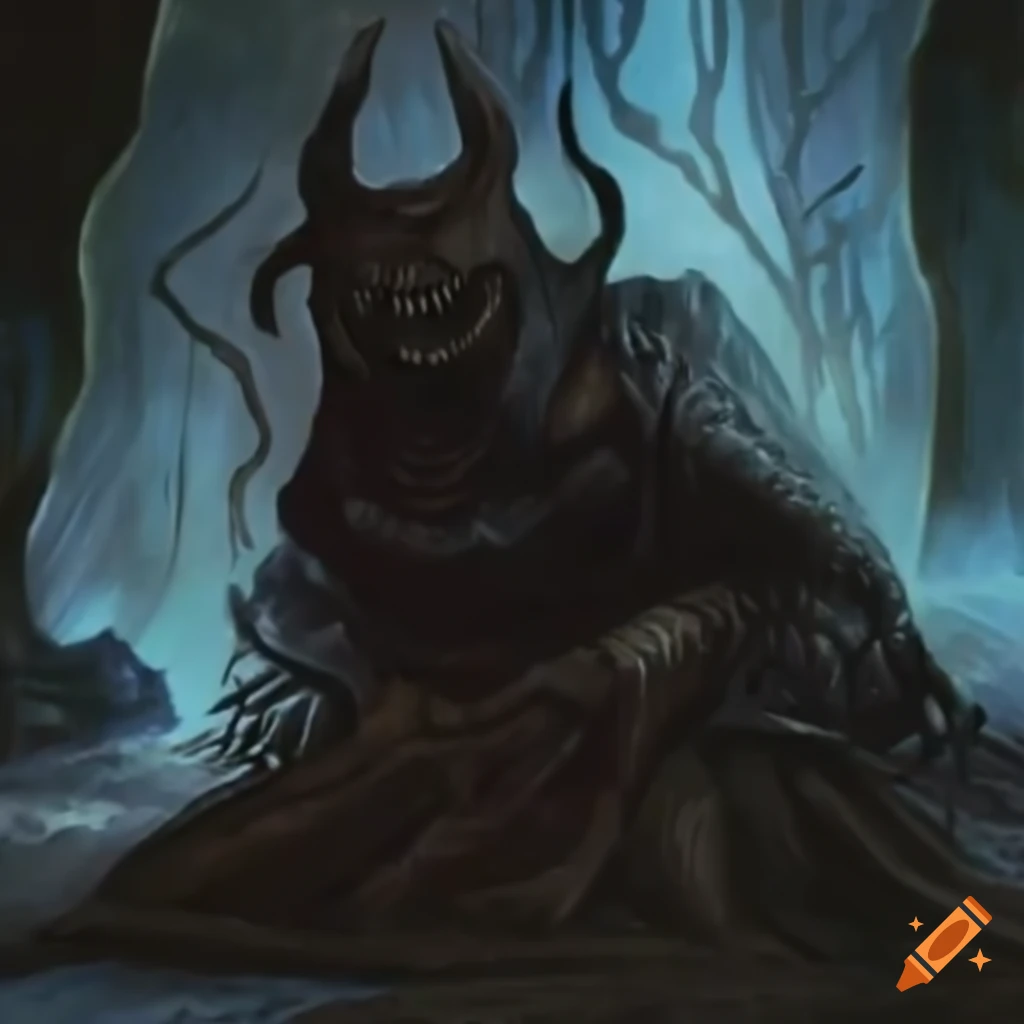 Dark evil slug in silver armor crawling in abyssal tunnel on Craiyon