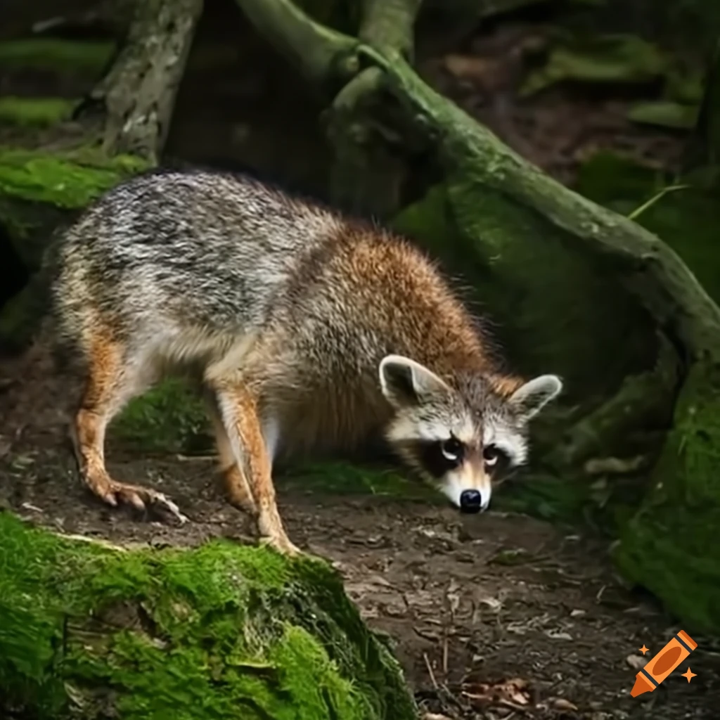 Intriguing raccoon-coyote chimera in a woodland habitat on Craiyon
