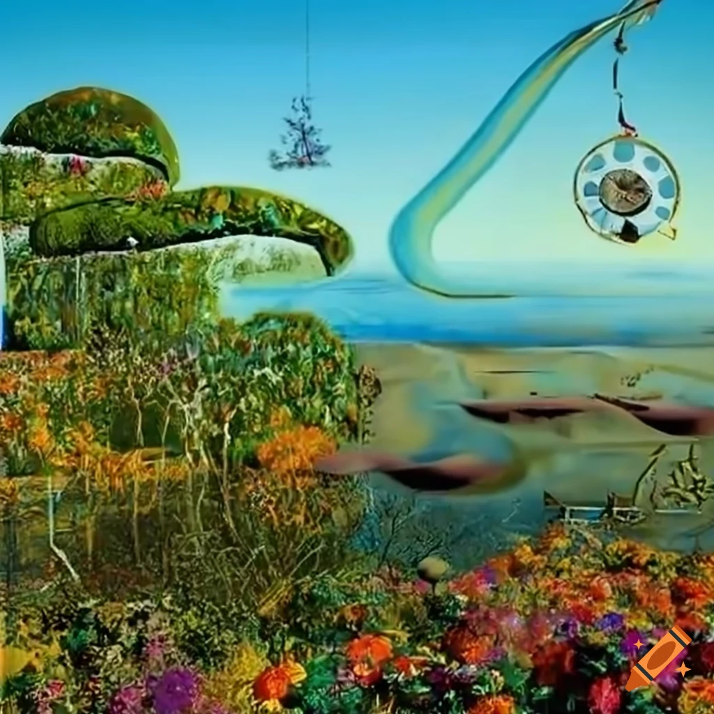 Dreamlike garden with bending trees, melting clocks, and a lobster in ...