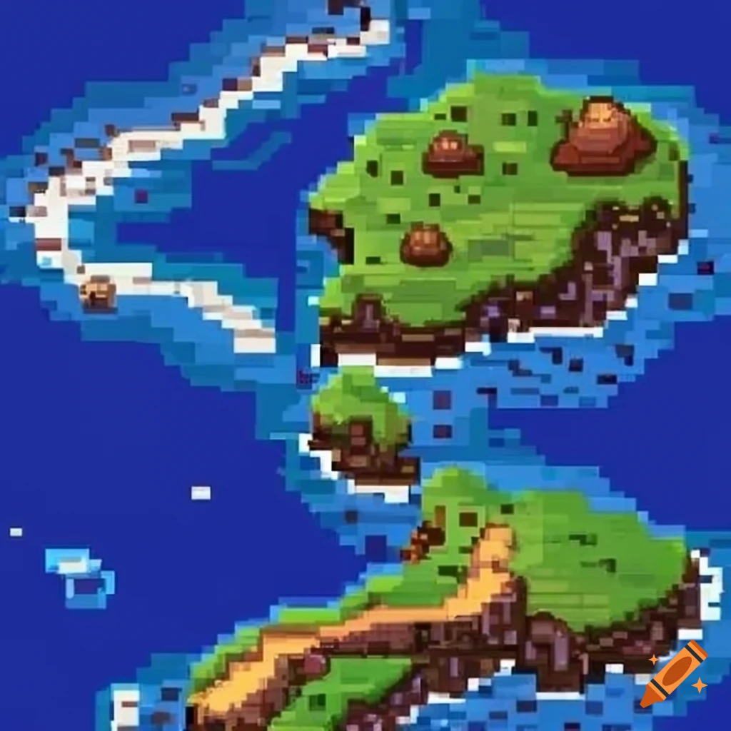 Top-down pixel art map of an archipelago with an island featuring a ...