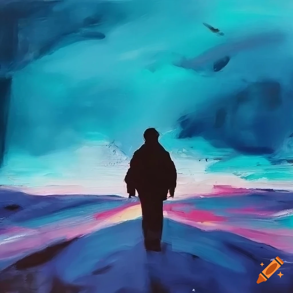Abstract acrylic painting of a human on a calm and soothing impossible ...