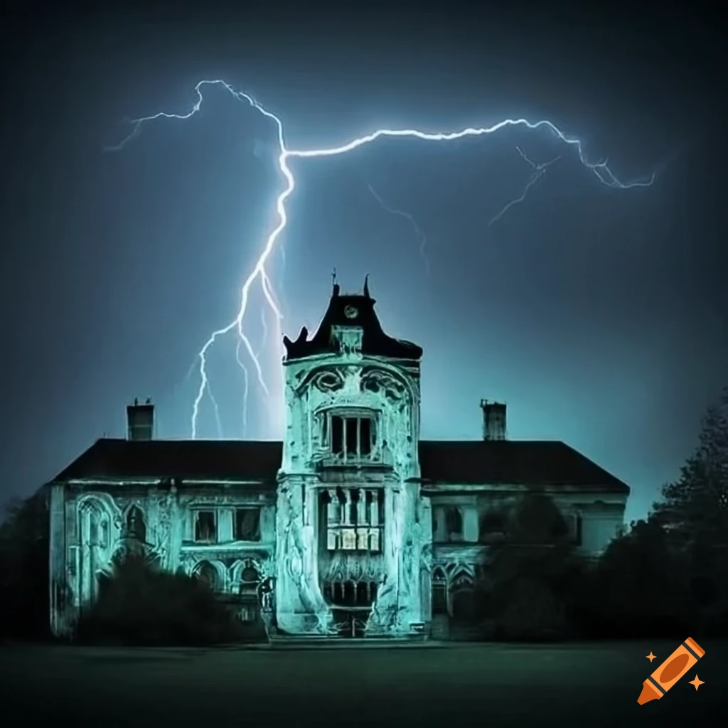 Lightning over a gothic art deco mansion at night in a German ...