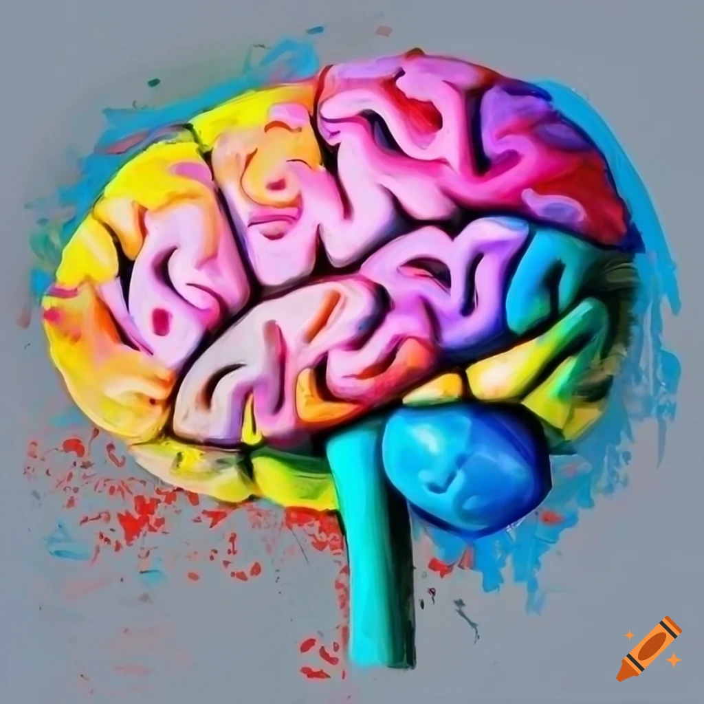 Geometric human brain painting in expressive colors on grey background ...