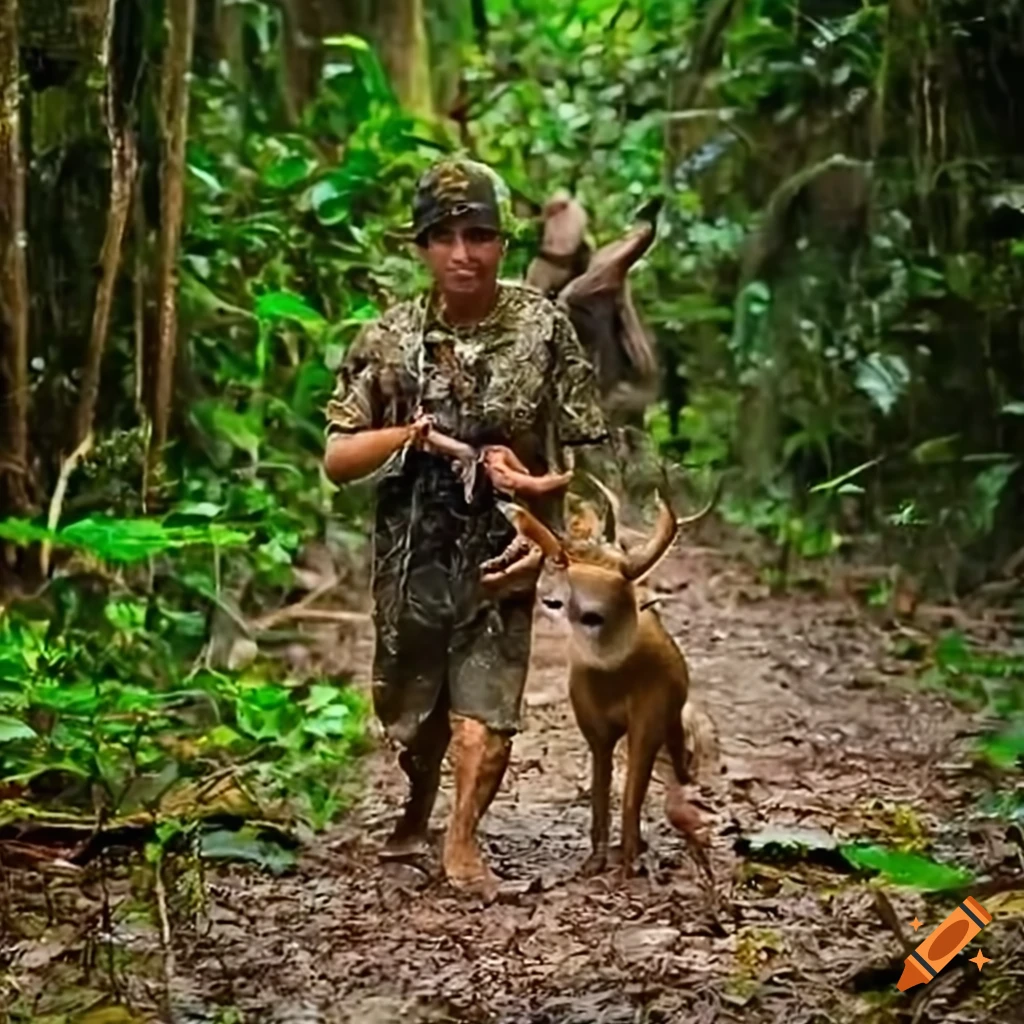 Dog hunting in the Amazon rainforest with a deer on Craiyon