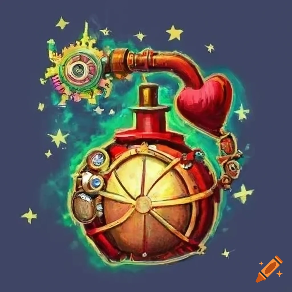 Steampunk red heart-shaped bomb with many gears and a witch holding a ...