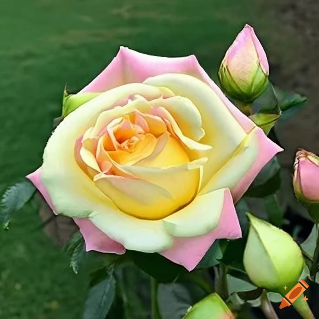 Peace rose flower with creamy yellow and pink edges, known for its ...