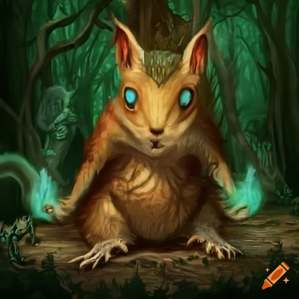 Fantasy forest creature squirrel surrounded by mythical elements on Craiyon