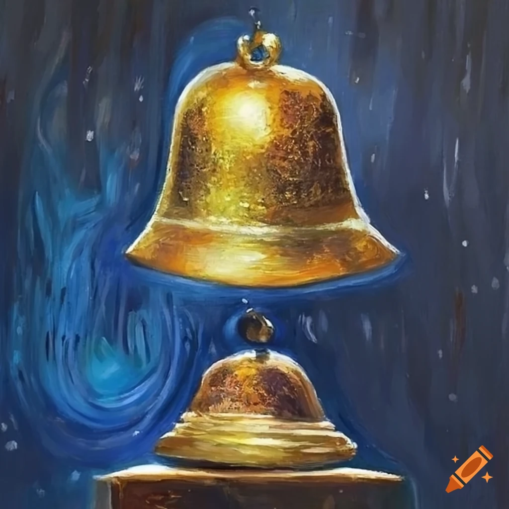 Shimmering gold bell on a pedestal against a starry night backdrop on ...