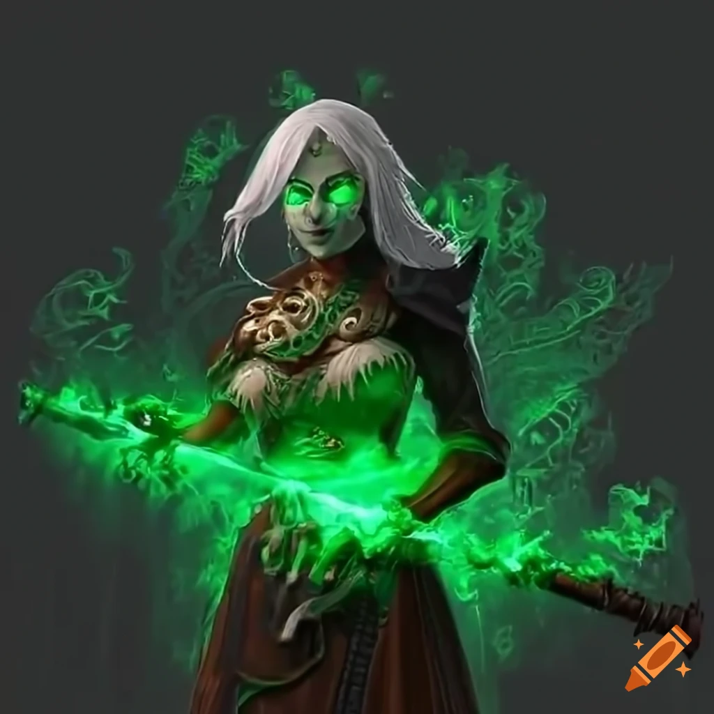 Female Necromancer casting green fire with a serpent-shaped staff in a ...