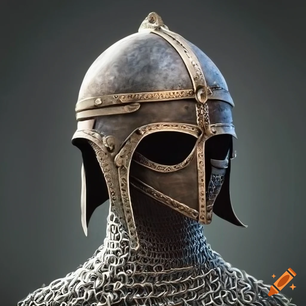 Dark iron ming kettle helm and gleaming silver chainmail armor on Craiyon