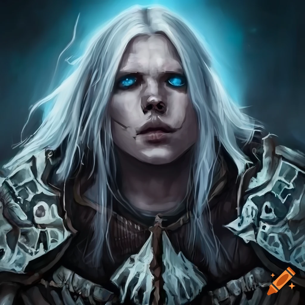 Striking portrait of an armored undead warrior with blue eyes and white ...