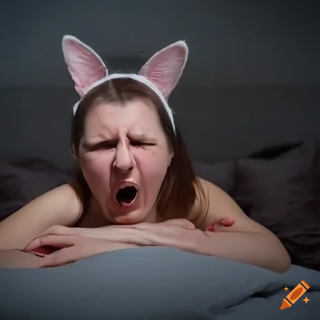 Woman wearing cat ears and choker yawning on bed on Craiyon