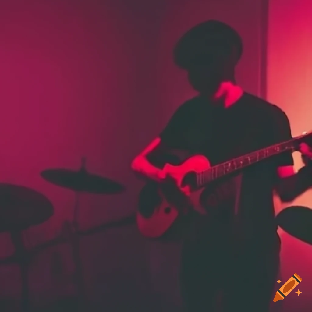 Silhouettes of musicians jamming in a dark room with red ambient ...