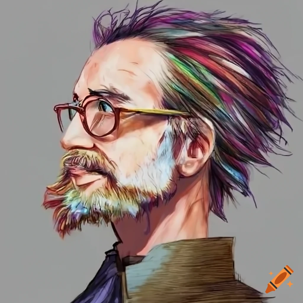 Anime profile of a scholarly brown-haired professor with beard and ...