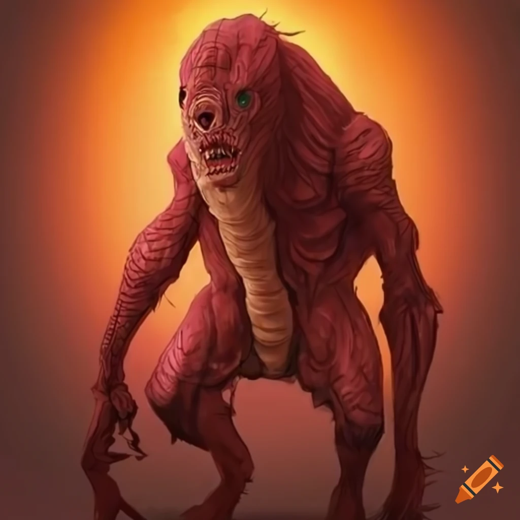 Colossal creature with vibrant orange hair, multiple eyes, and elongated arms in a fantasy ...