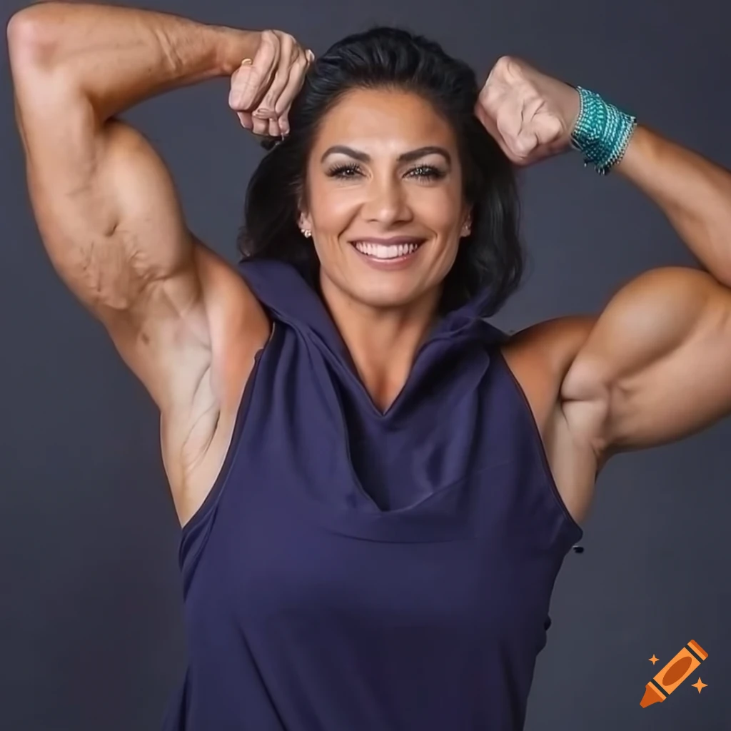 Middle aged female bodybuilder in sleeveless hoodie with visible ...