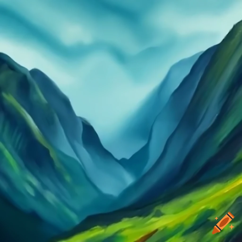 Realistic drawing of a cloudy steep valley pass on Craiyon