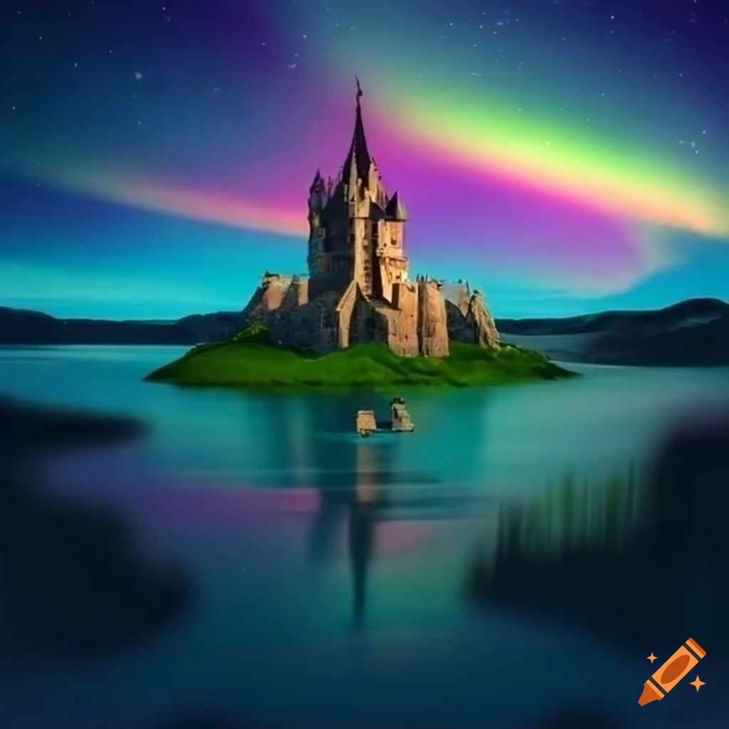 Fantasy castle tower in a lake with magical aurora in the sky on Craiyon