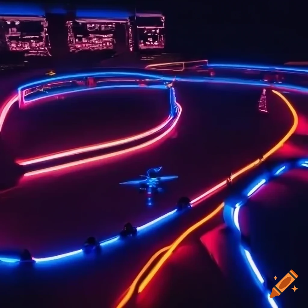 High-speed FPV racing drone in neon-lit obstacle course on Craiyon