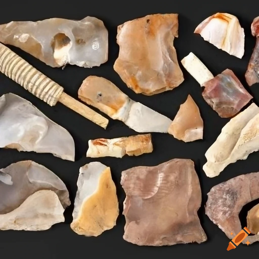 Collage of ancient razors from sharp stones, shells, and flint with ...