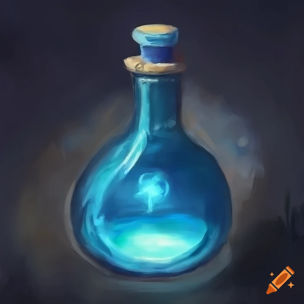Magical flask with luminous blue potion in a fantasy setting on Craiyon