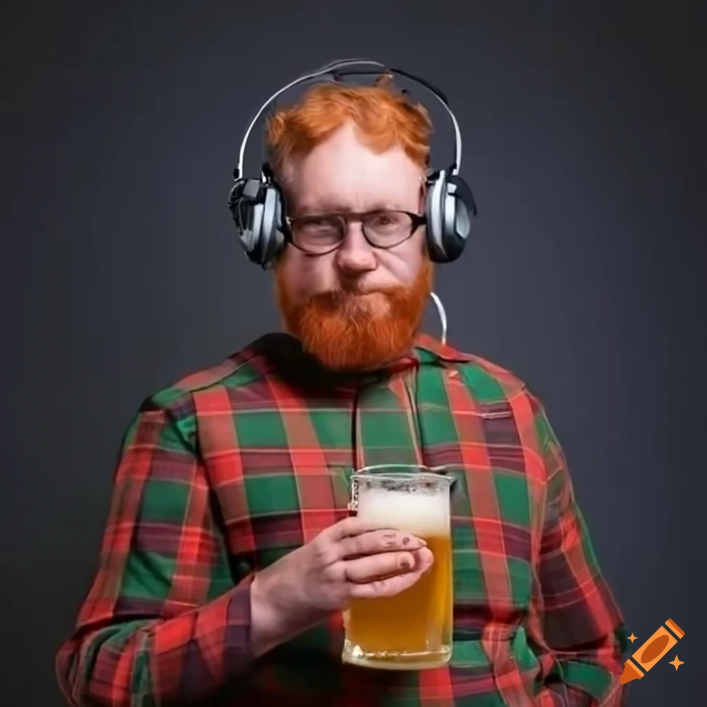 Scottish man in tartan holding a pint of beer with headphones on Craiyon