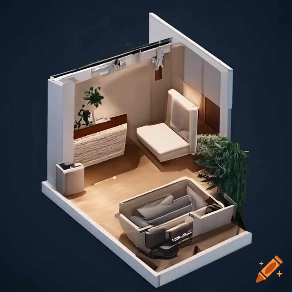 3d floor plan of a house with a bedroom, mirror, chairs, bathroom, and ...
