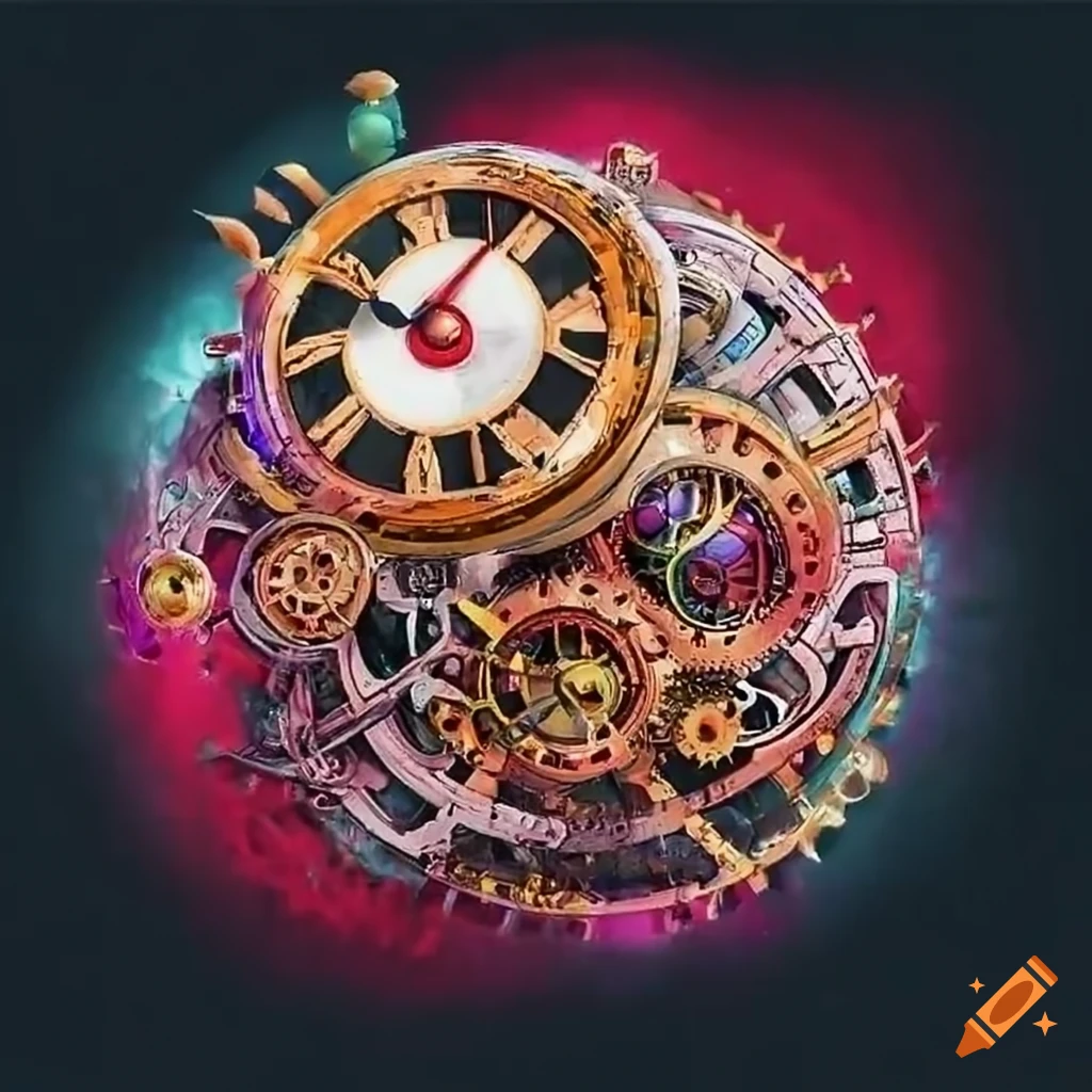 Steampunk clock design with crystalline ball, gears, and red accents ...