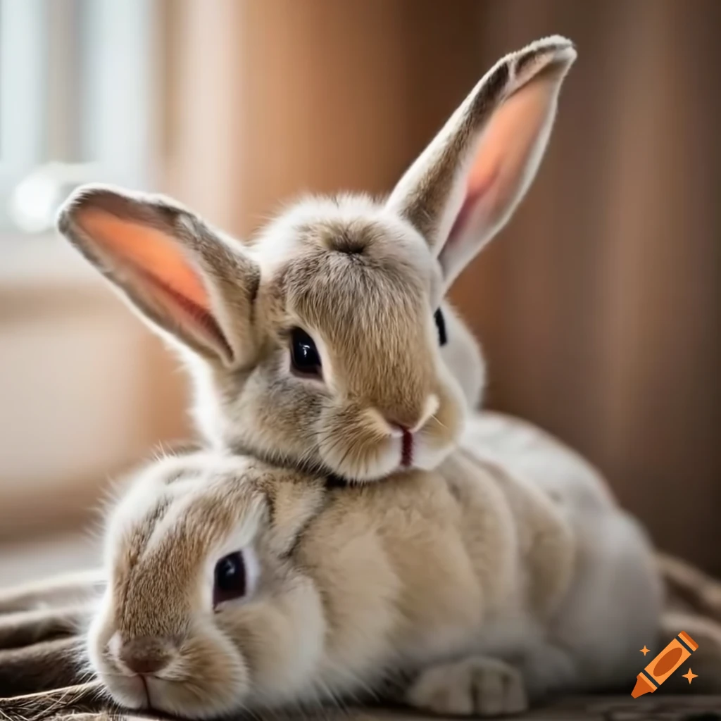 Two cuddly rabbits holding paws in a cozy setting on Craiyon