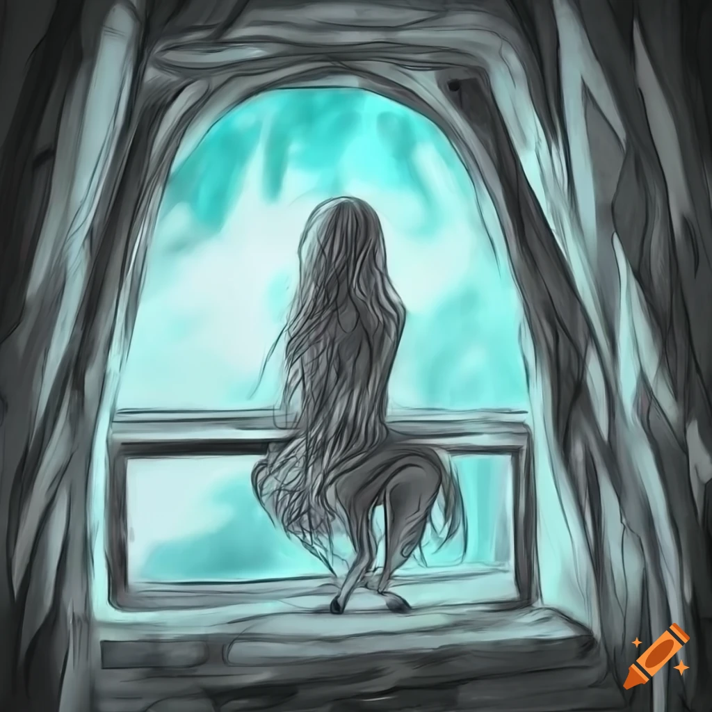 Sad fairy at the window gazing at the landscape in pencil style on Craiyon