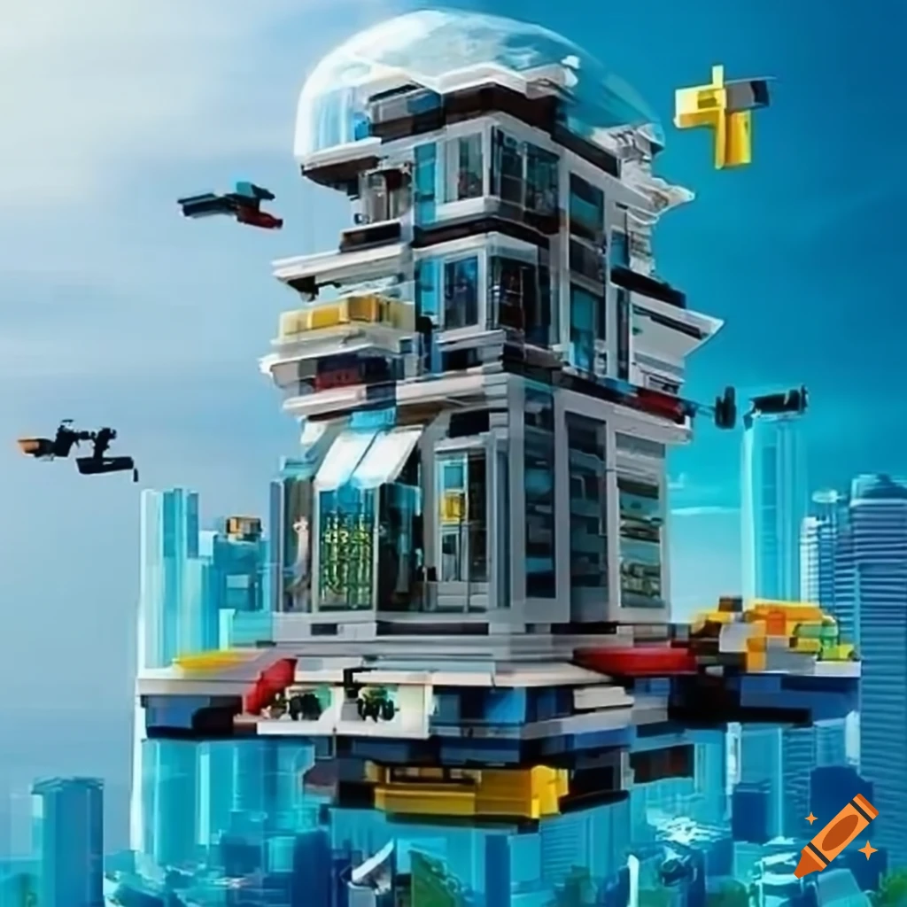 Futuristic Lego city with flying cars, transparent skyscrapers, and a ...