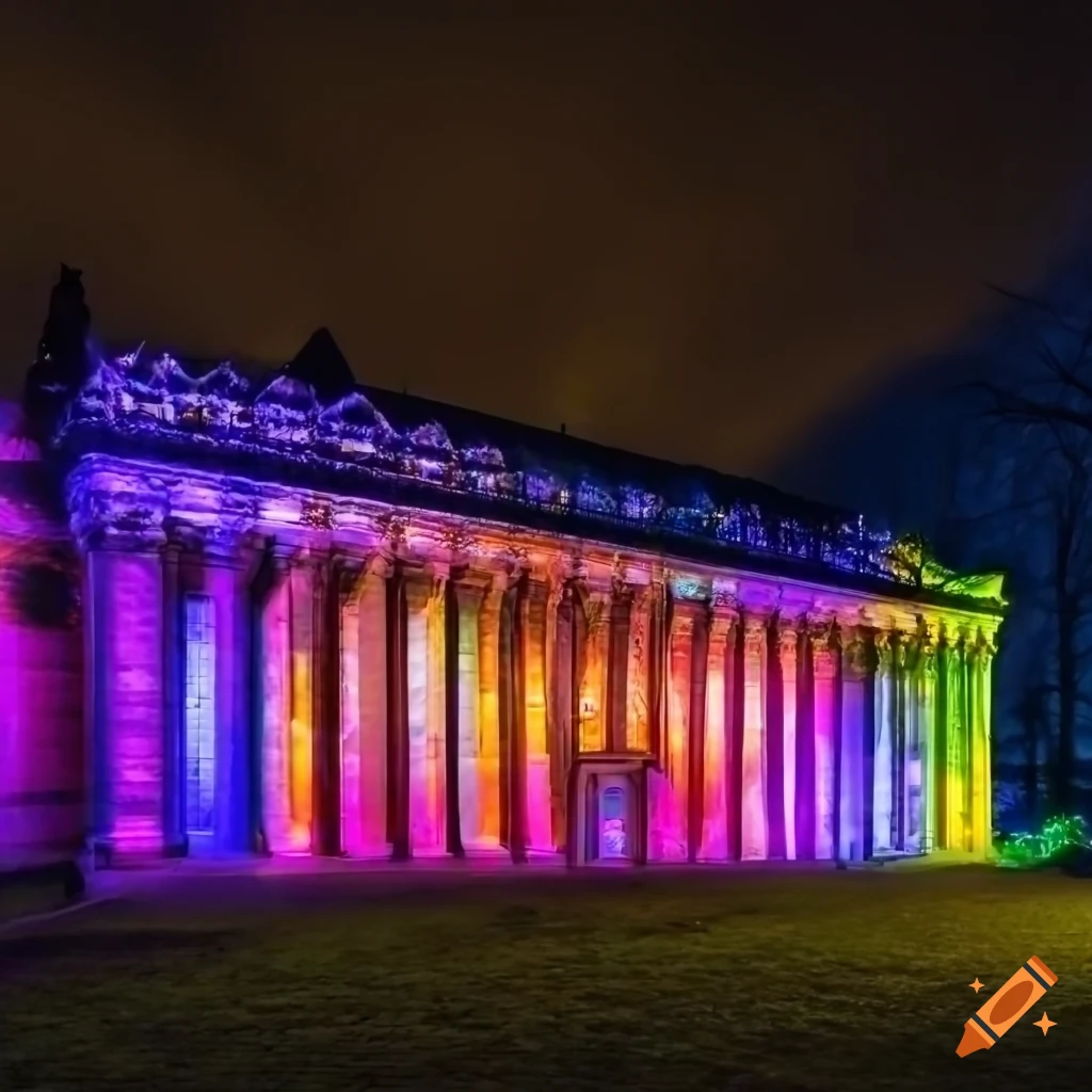 Alluring museum atmosphere with colorful lighting displays at night on ...