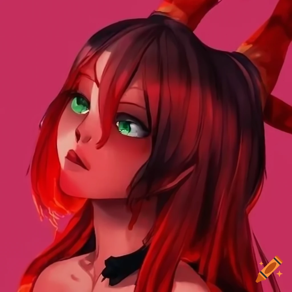 Cartoonish anime demon female imp with vibrant red skin and unique hair ...