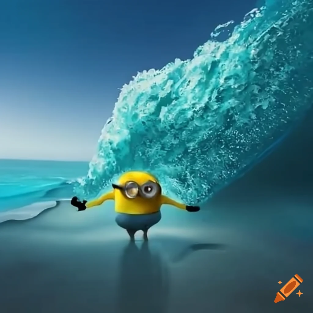 Minion fleeing from a giant ocean wave on Craiyon