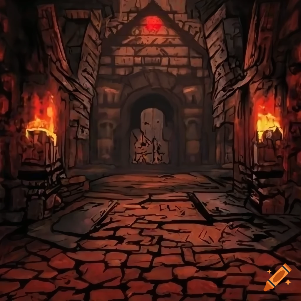 Empty highly detailed dungeon in darkest dungeon style with red-black forge backdrop on Craiyon