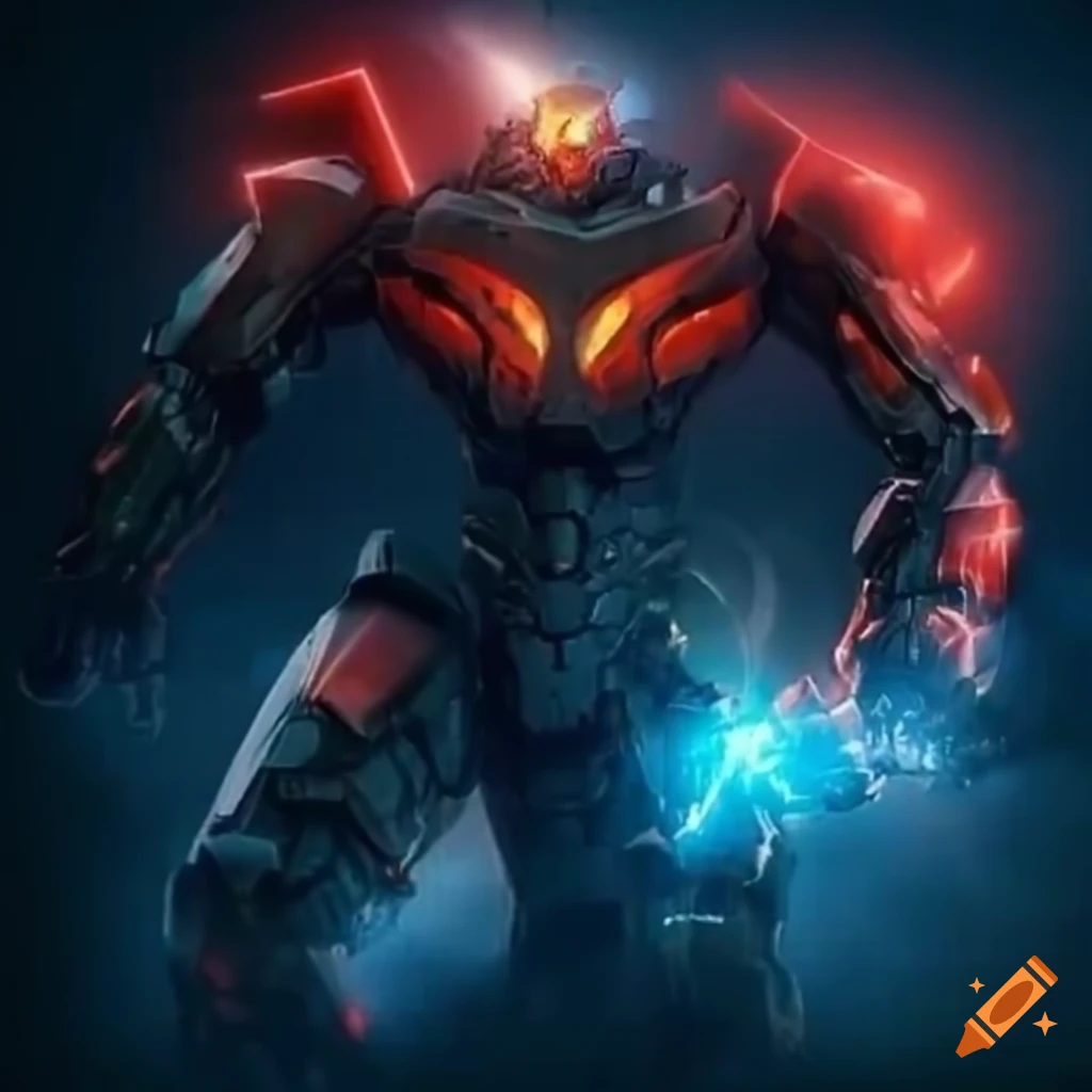 Giant titan mecha in a Pacific Rim style epic scene with red color on ...