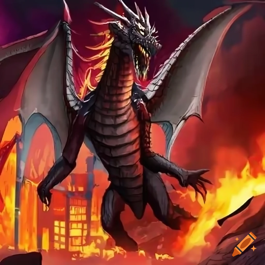 Giant fire-breathing dragon destroying a city with fiery wings and ...